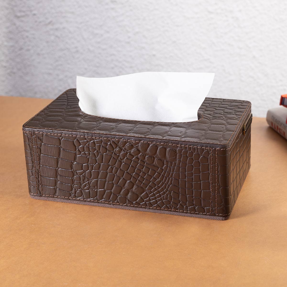 Eden Tissue Box In Genuine Croco Leather Brown