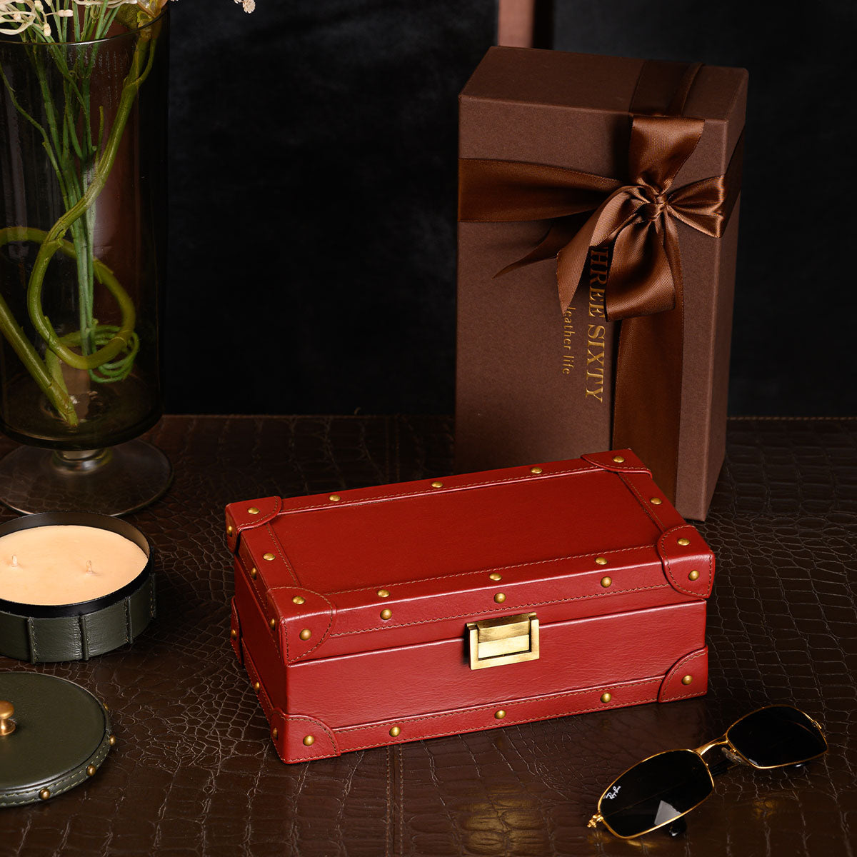 Buy Trunke Keepsake Box Red Elegant Leather Storage Box Online - Three ...