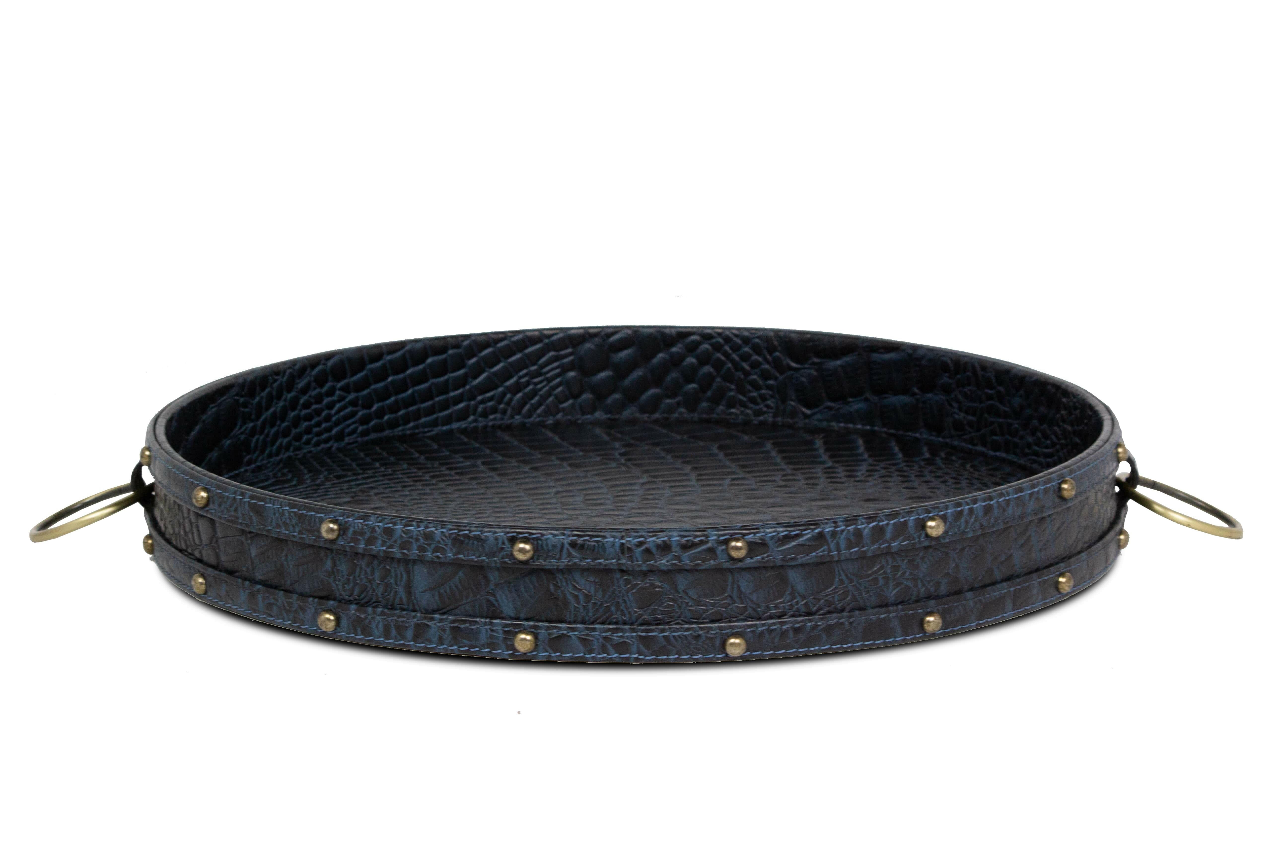 Round Tray In Genuine Croco Leather Blue – Three Sixty Leather
